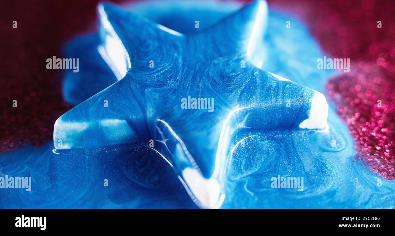 Paint star. Glitter fluid spill. Blue white color shimmering ink flow ...