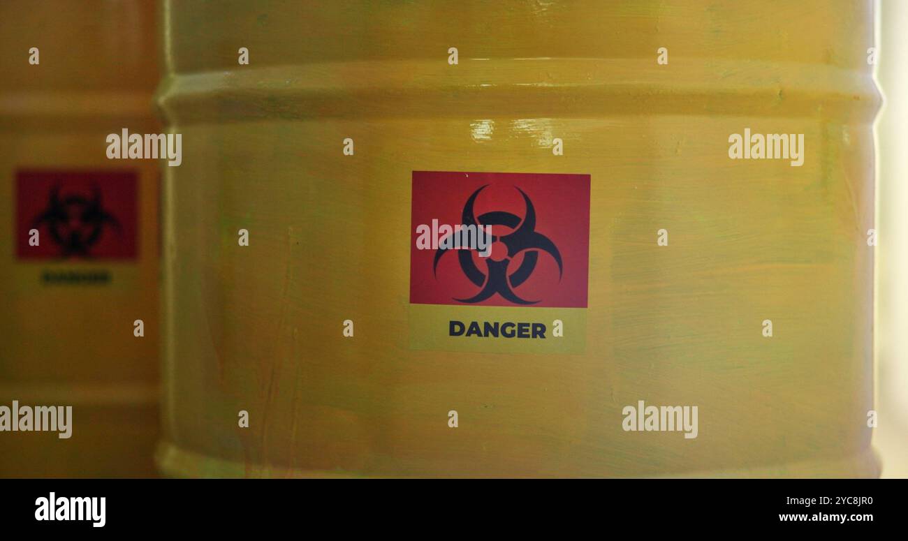 Toxic, barrel and container with warning, dangerous and biohazard in ...