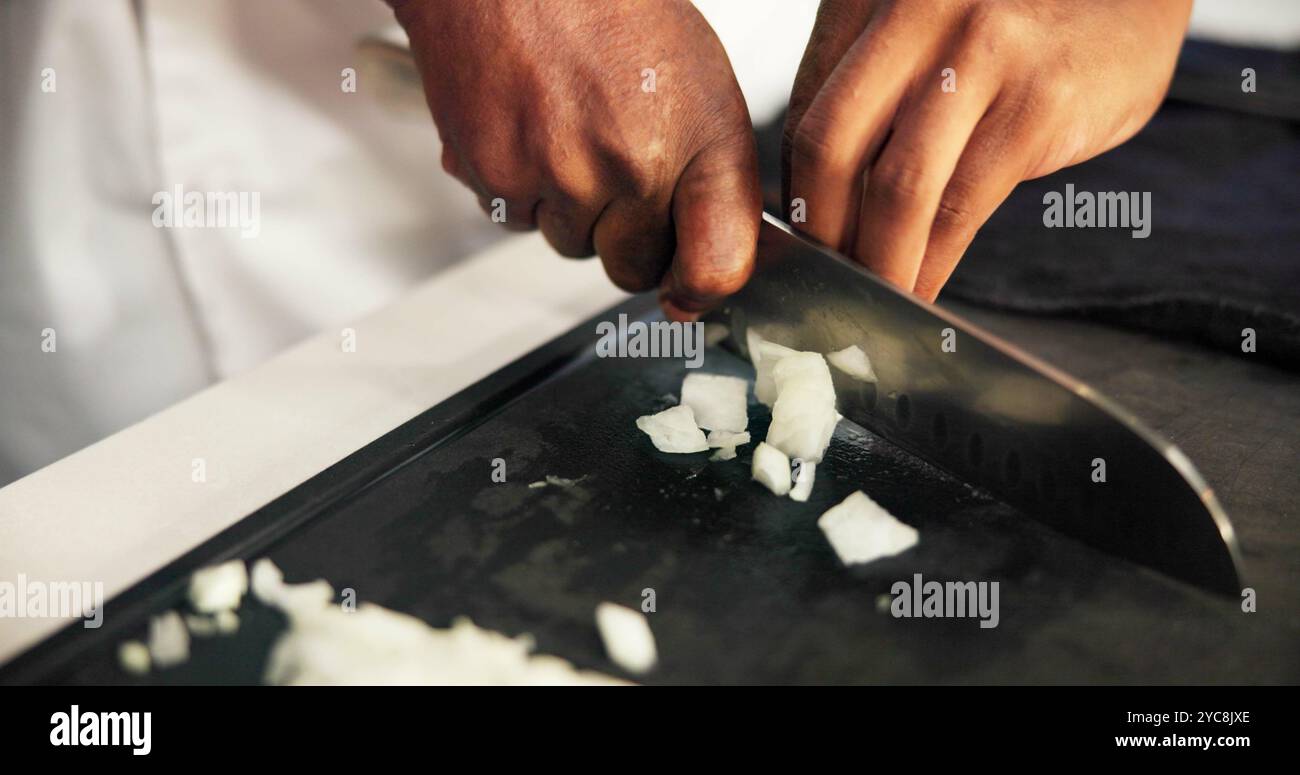 Hands, cooking and onion in kitchen, chopping and meal prep in ...