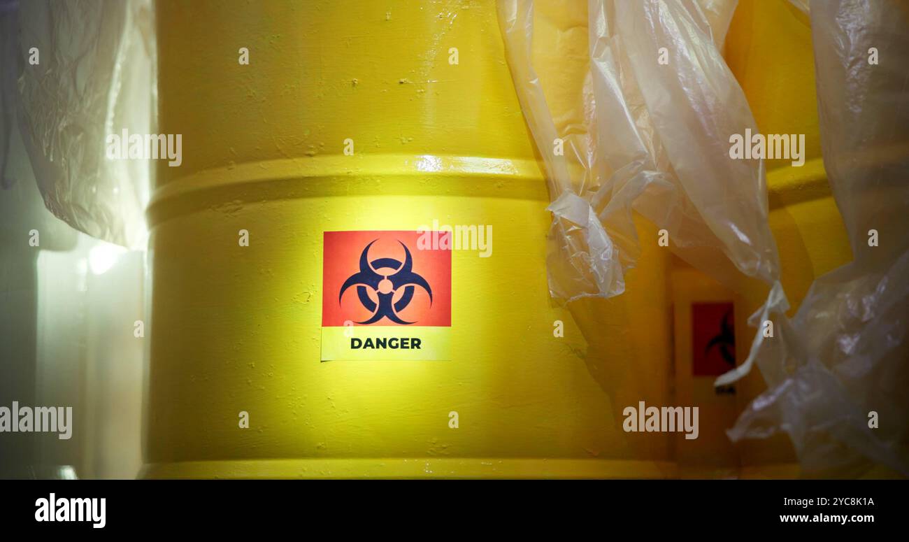 Toxic, barrel and container with caution, dangerous and biohazard in ...
