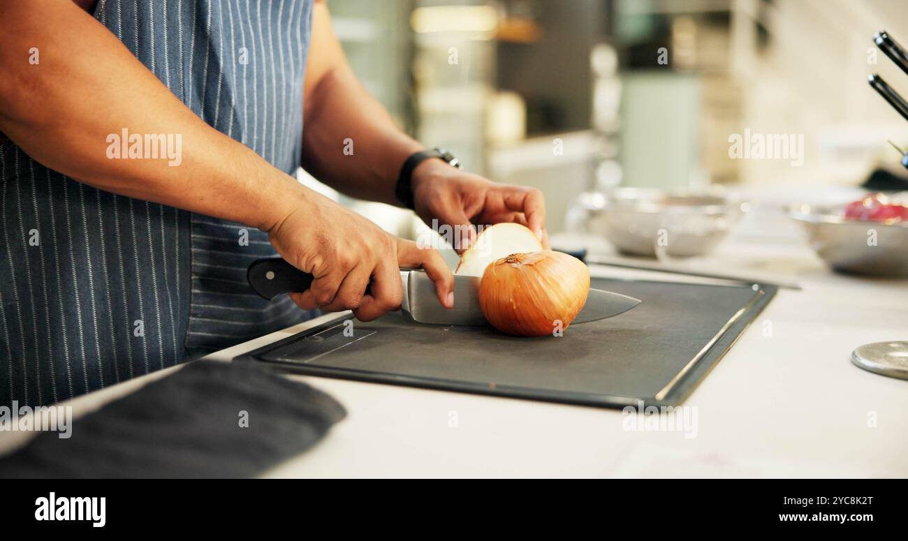 Hands, cooking and meal prep in kitchen, chopping and vegetables in ...