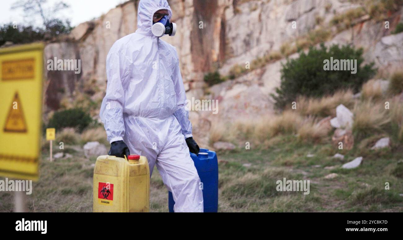 Biohazard, chemical and person in hazmat outdoor for hazardous material ...