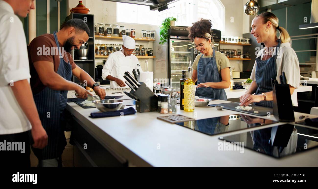 Cooking, course and chef learning students in kitchen for knowledge ...