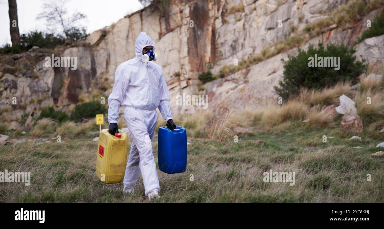 Toxic, chemical and person in environment with hazmat for hazardous ...