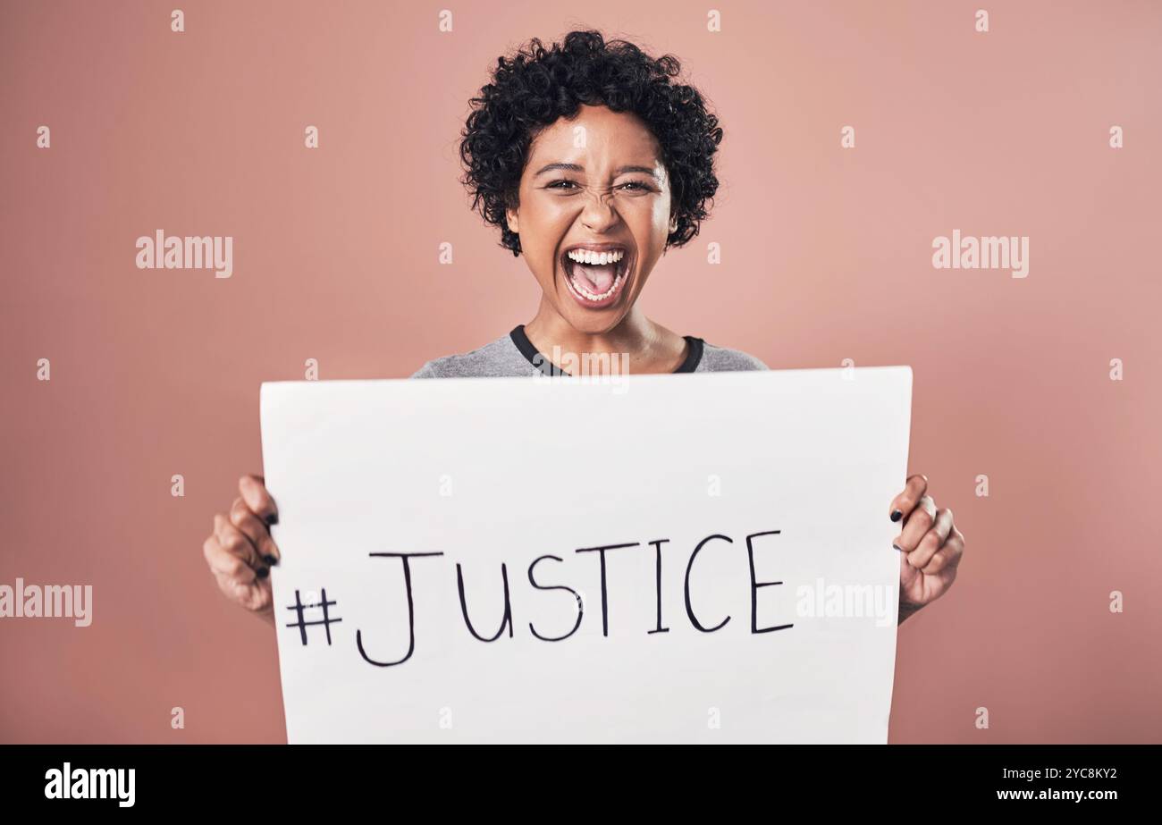 Studio, woman and portrait with poster for protest, human rights and ...