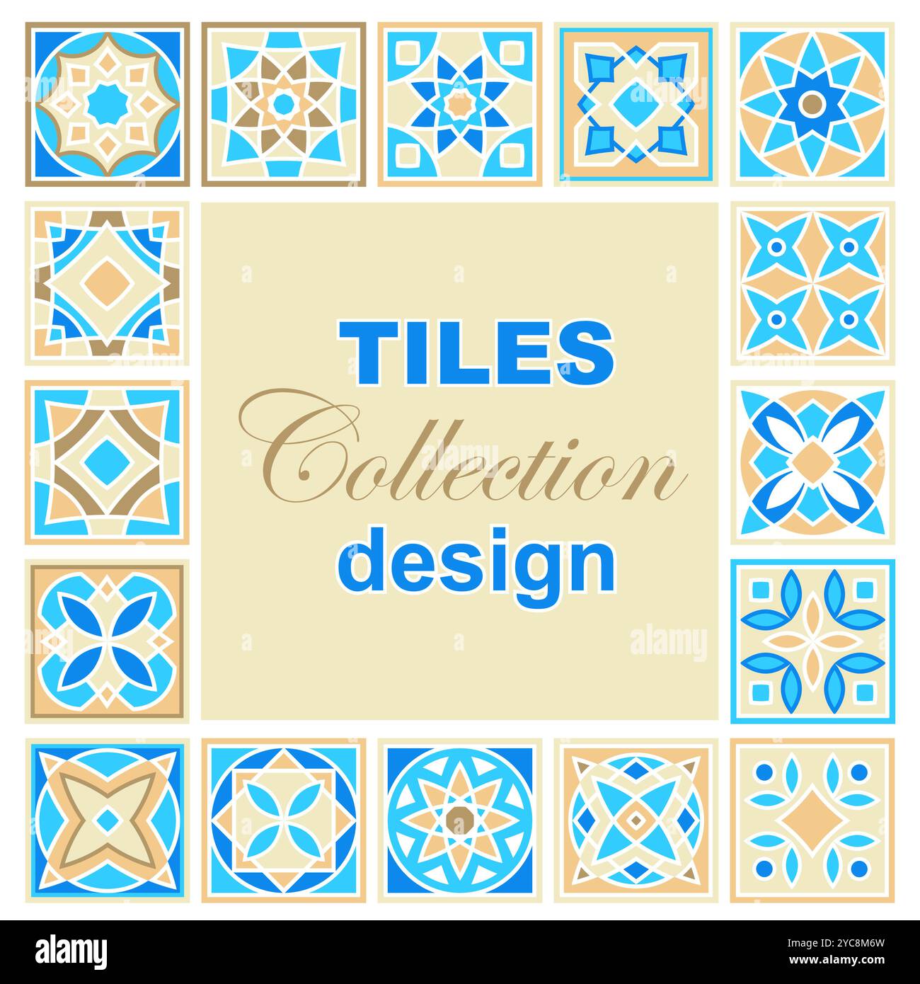 Set of vector hand drawn pattern of square ceramic tile. Ornate ...