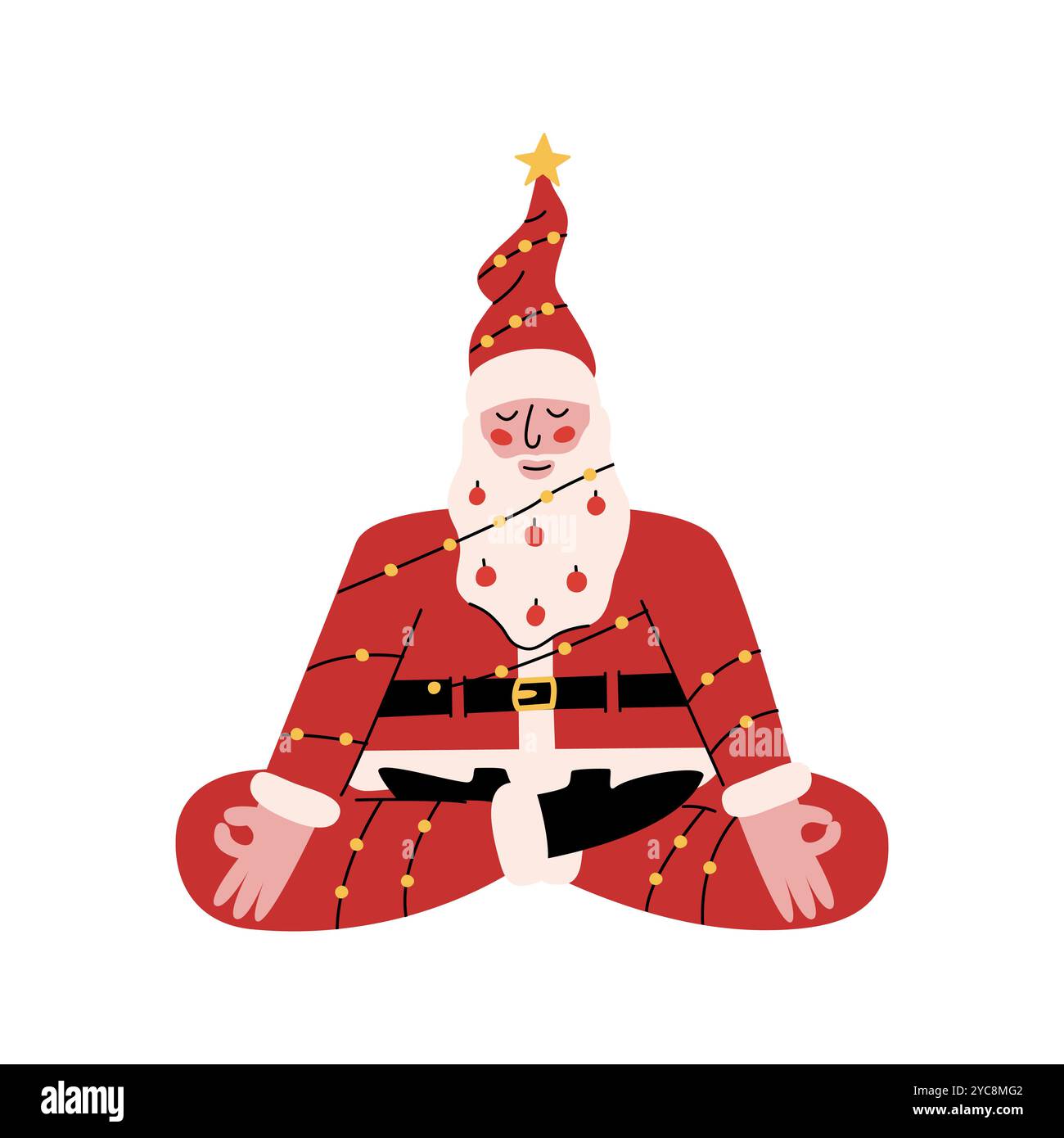 Flat vector hand drawn Santa Claus meditating. Lotus yoga pose isolated ...
