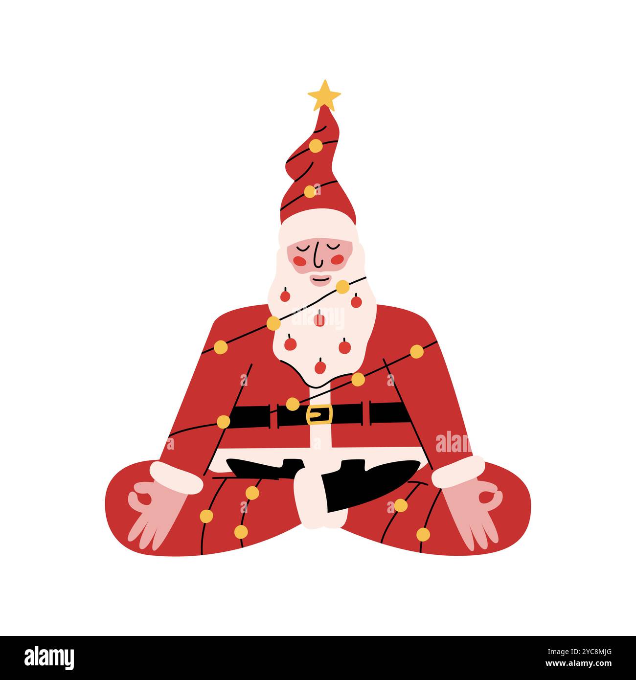 Flat vector hand drawn Santa Claus meditating. Lotus yoga pose isolated ...