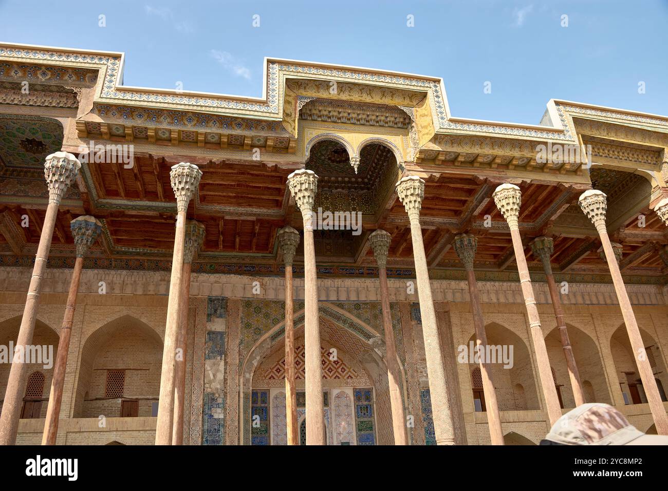 The ancient mosque with intricately carved wooden columns in Bukhara ...