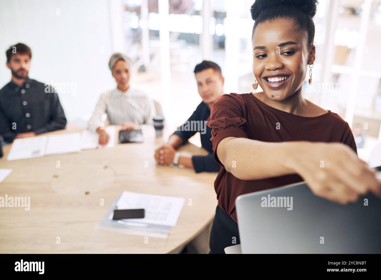 Team, meeting and woman with laptop, start presentation for collaboration and ready for ...