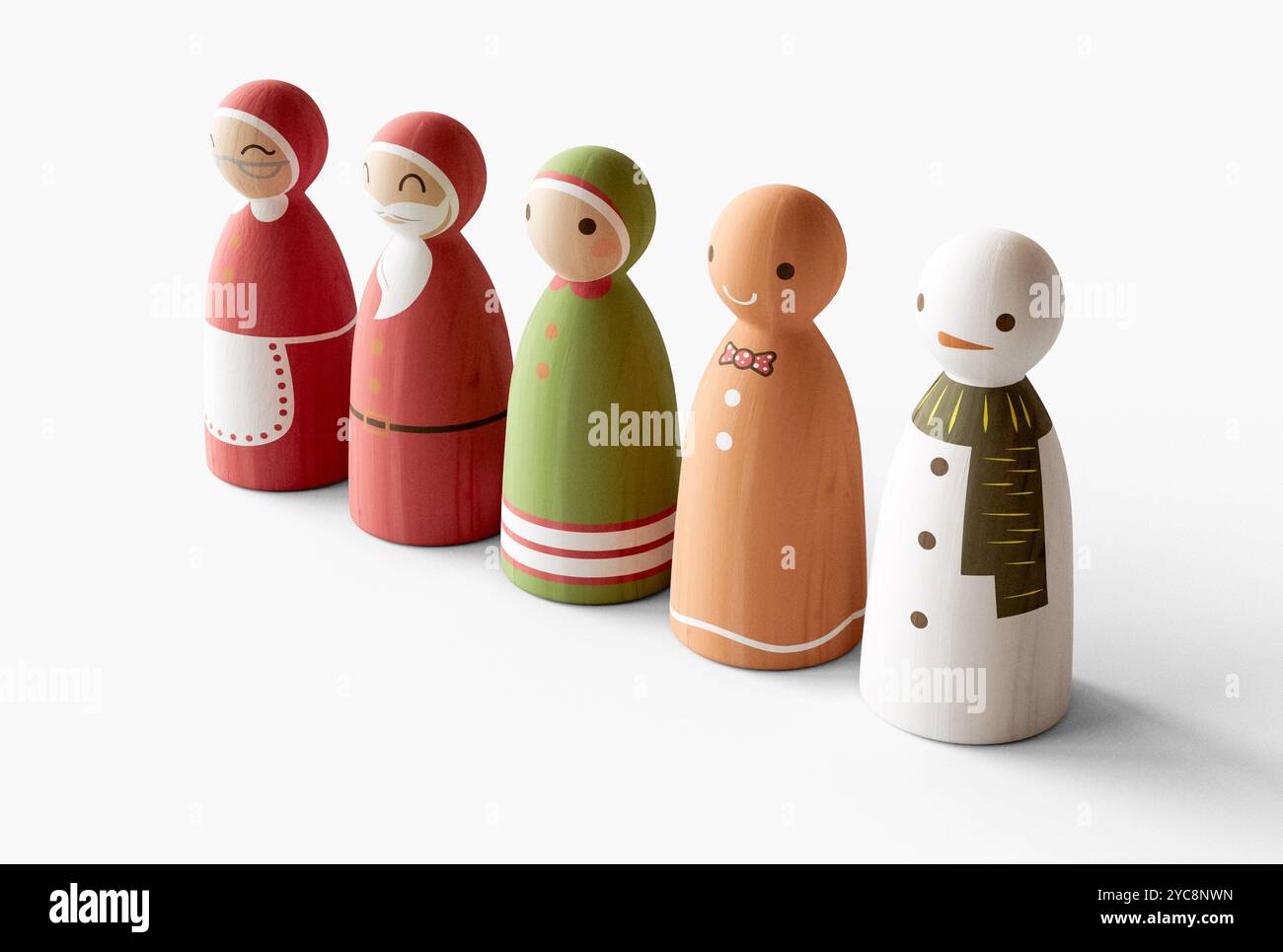 A range of 5 painted christmas character carvings of santa, mrs claus ...