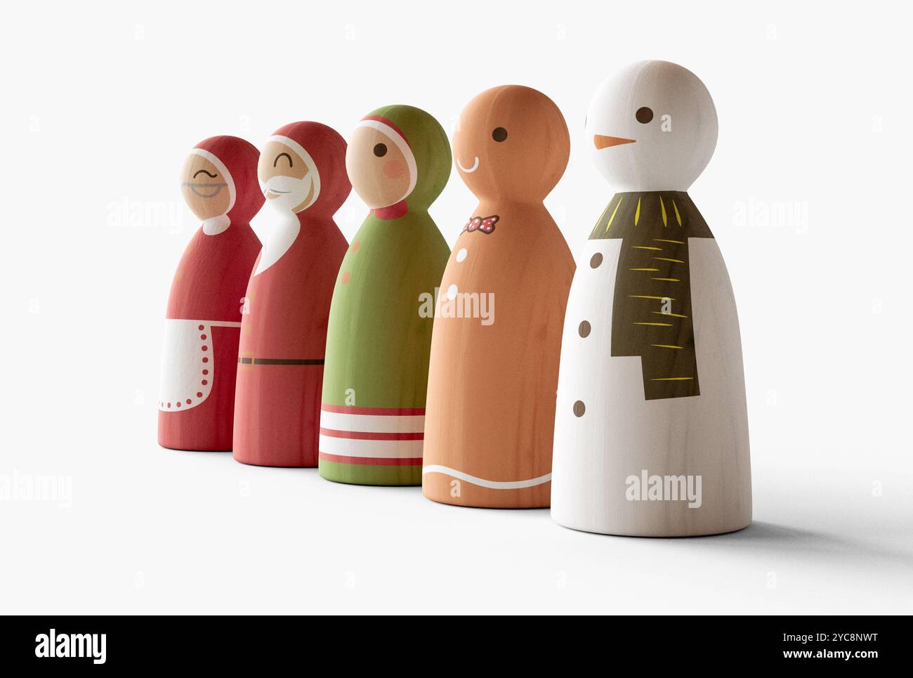 A range of 5 painted christmas character carvings of santa, mrs claus ...