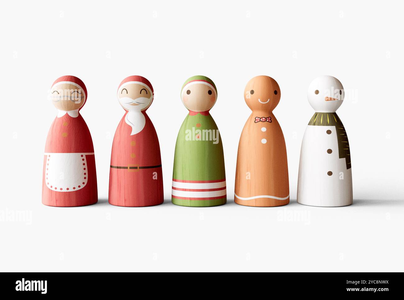 A range of 5 painted christmas character carvings of santa, mrs claus ...