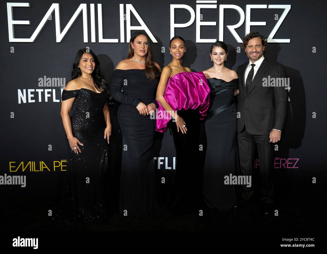 Adriana Paz, from left, Karla Sofia Gascon, Zoe Saldana, Selena Gomez and Edgar Ramirez arrive ...