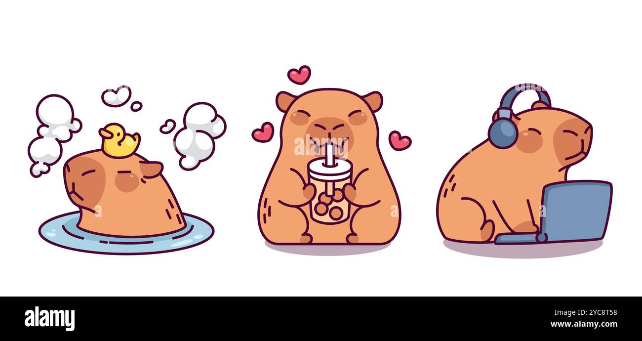 Capybara kawaii mascots set isolated on white background. Contemporary ...