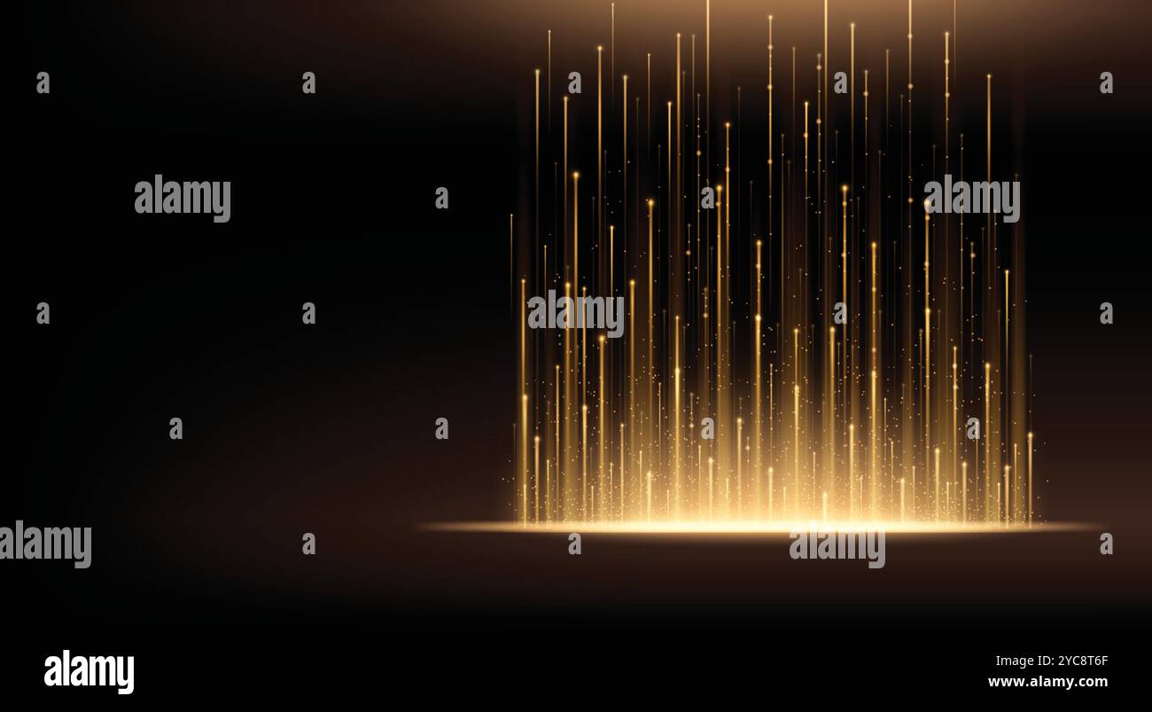 Vertical flare of golden light on black background. Realistic vector ...