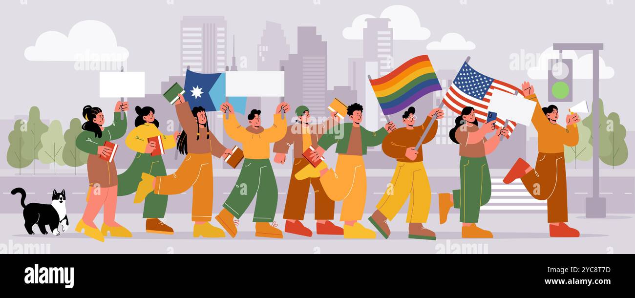 Diverse group of people marching in peaceful protest on city street ...