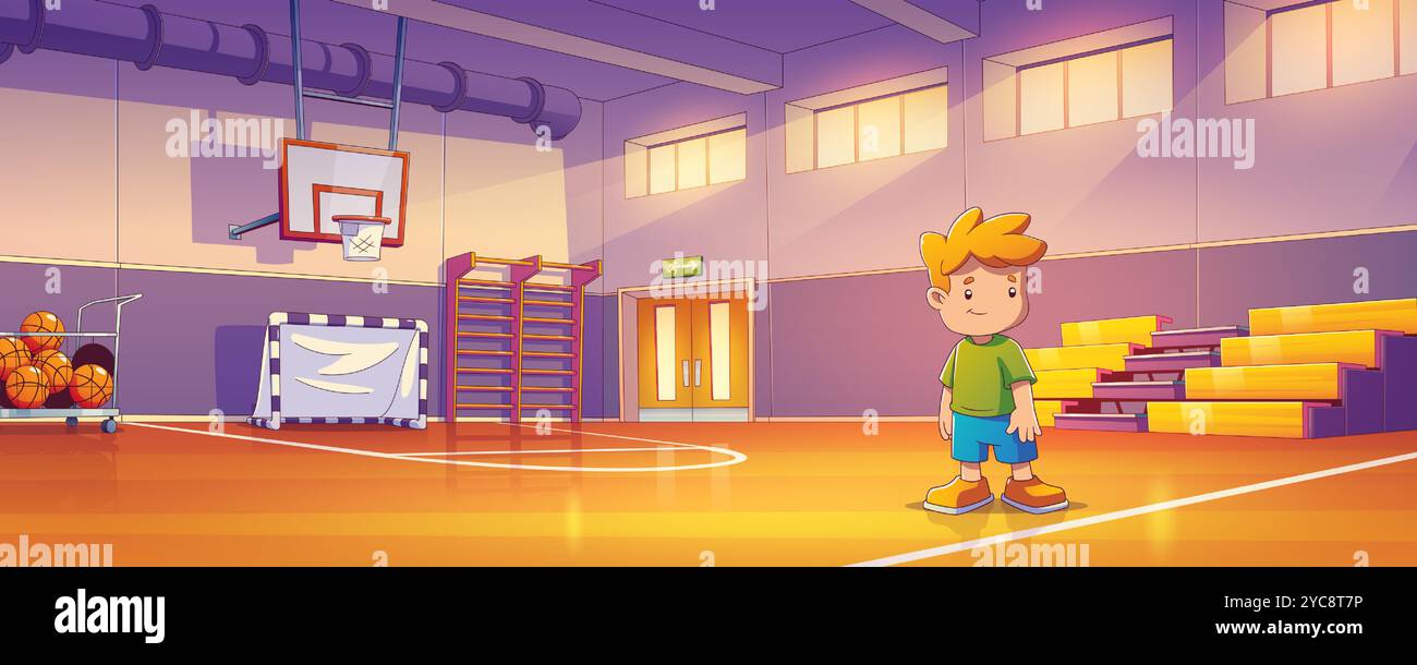 Cheerful boy standing in school gym ready for sports. Cartoon vector ...