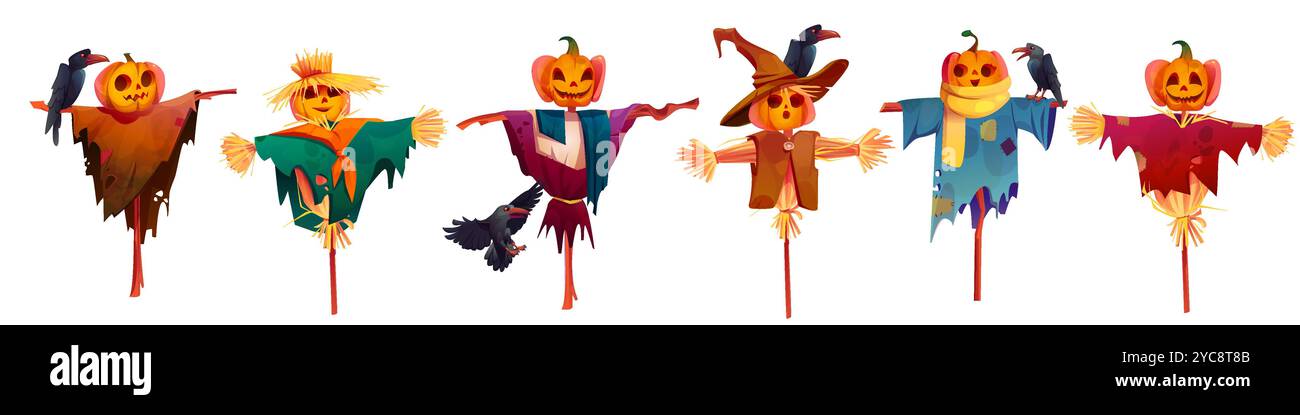 Scarecrow collection with pumpkin head, straw body and clothes, with ...