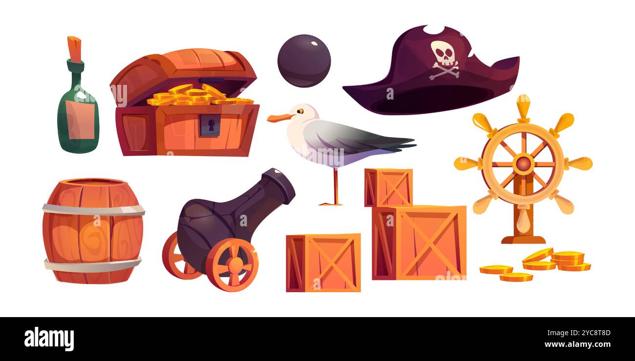Pirate and marine adventure game icons set. Cartoon vector old wooden ...