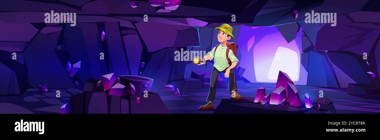 Man exploring cave filled with purple crystals. Cartoon vector explorer ...