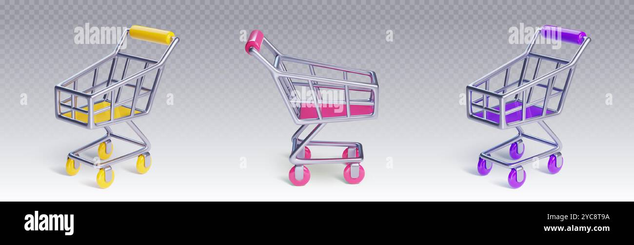 Metal shopping trolley cart with colored wheels and handles. Cartoon 3d ...