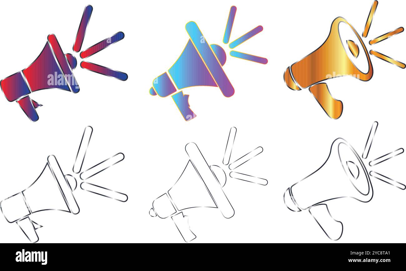 announcement icons logos set of six with blue red pink and golden color ...