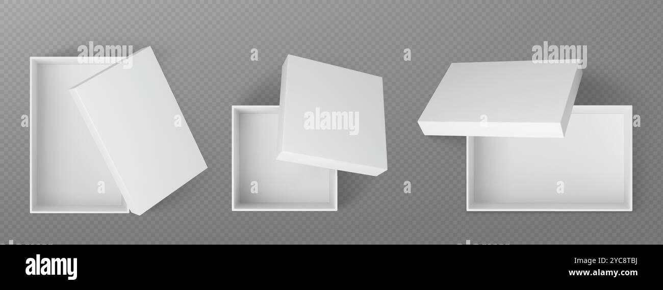 3D mockup of open white boxes top view. Square and rectangle cardboard ...