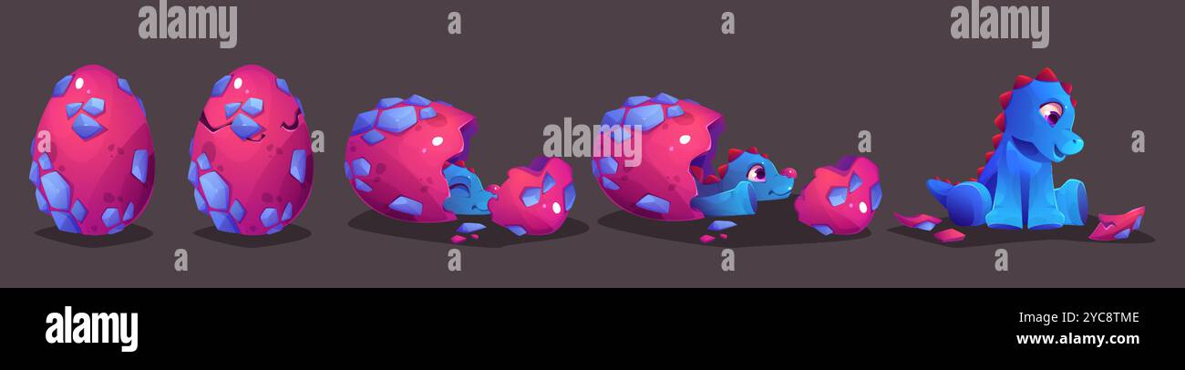 Cute baby reptile birth from egg animation sequence. Little dino ...