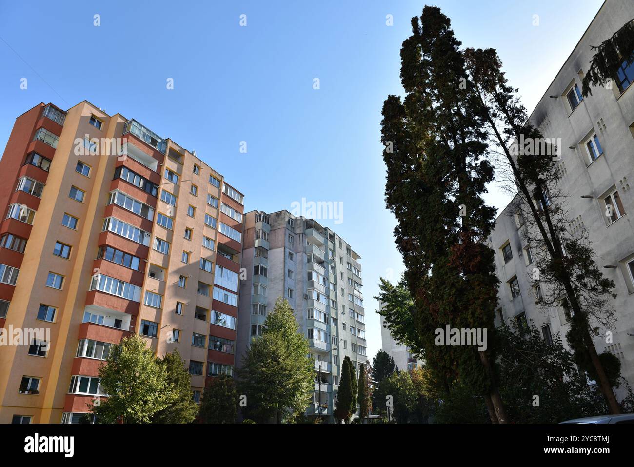 Suburban neighborhood built in communism. Post Soviet concrete flat of ...