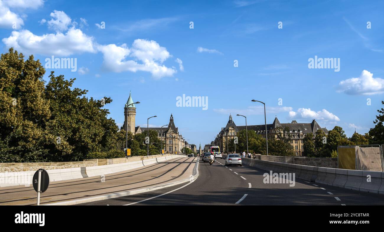 Driving Across Adolphe Bridge toward Spuerkeess Building on a Clear ...