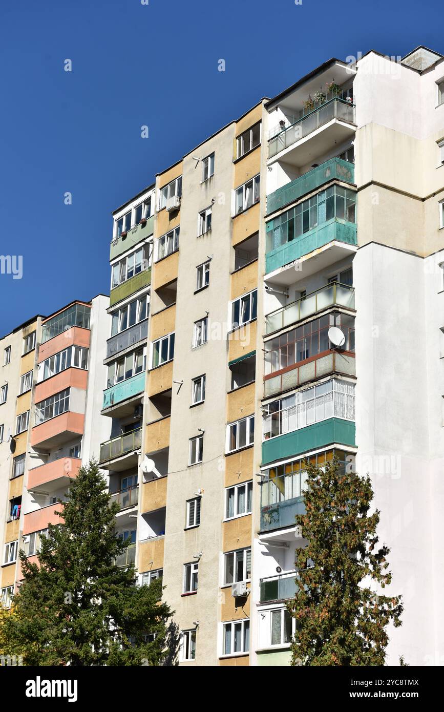 Typical facade of concrete panel building. Post Soviet flat of blocks ...