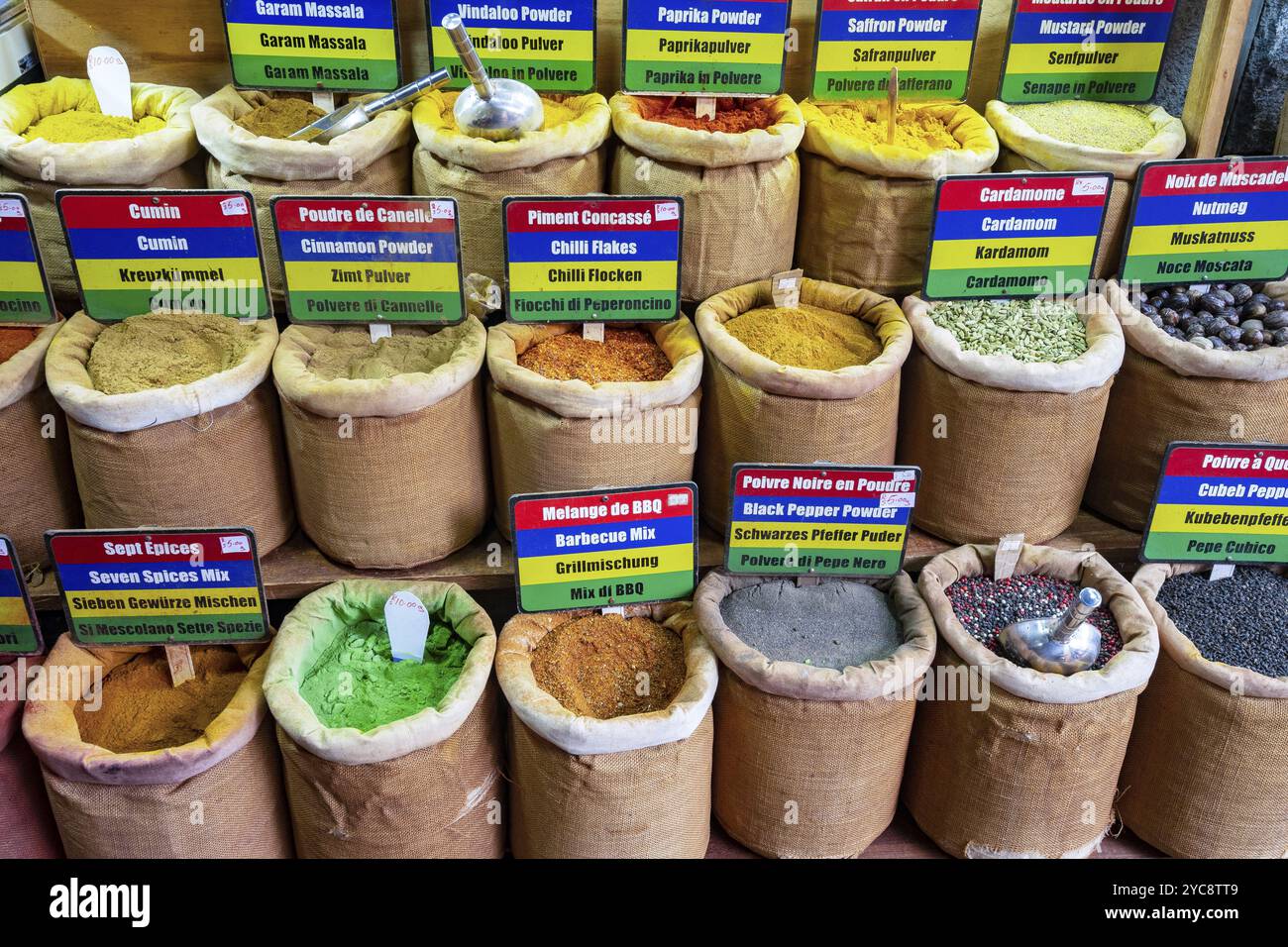 Spices, fruit and vegetable market, market hall, old town, Port Louis ...