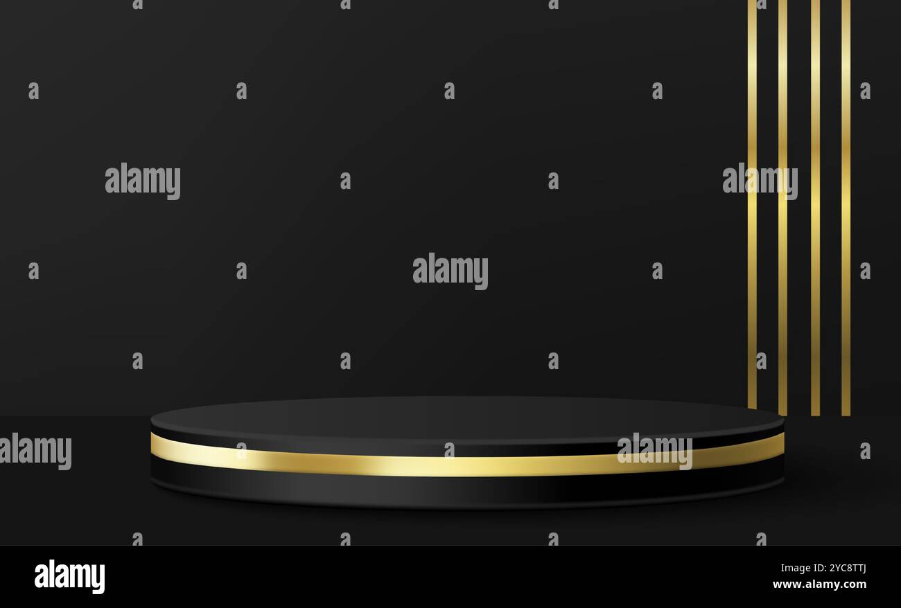 Luxury black podium with golden stripe detail on dark background ...