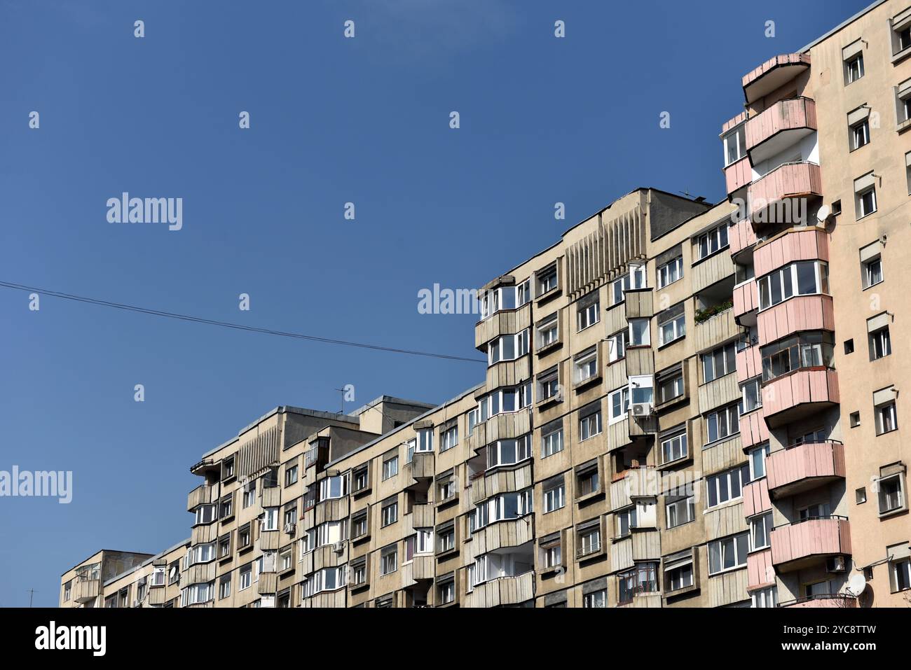 Typical facade of concrete panel building. Post Soviet flat of blocks ...