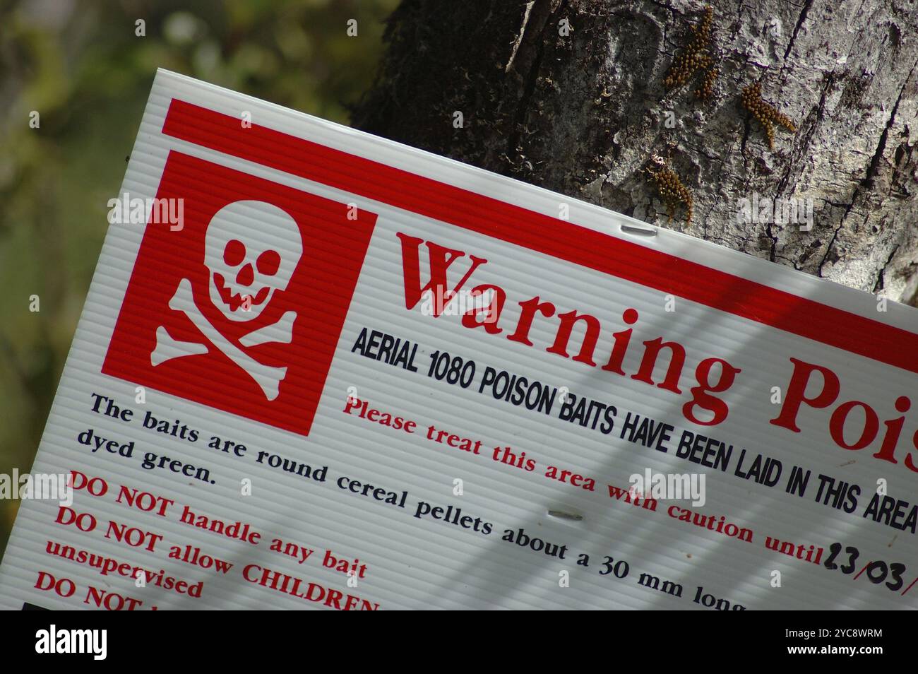 Sign warning of the use of 1080 pellets for poisoning possums in bush ...