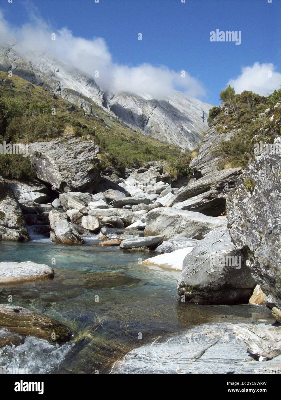 Snow-fed stream runs through the alpine peaks of the Southern Alps ...