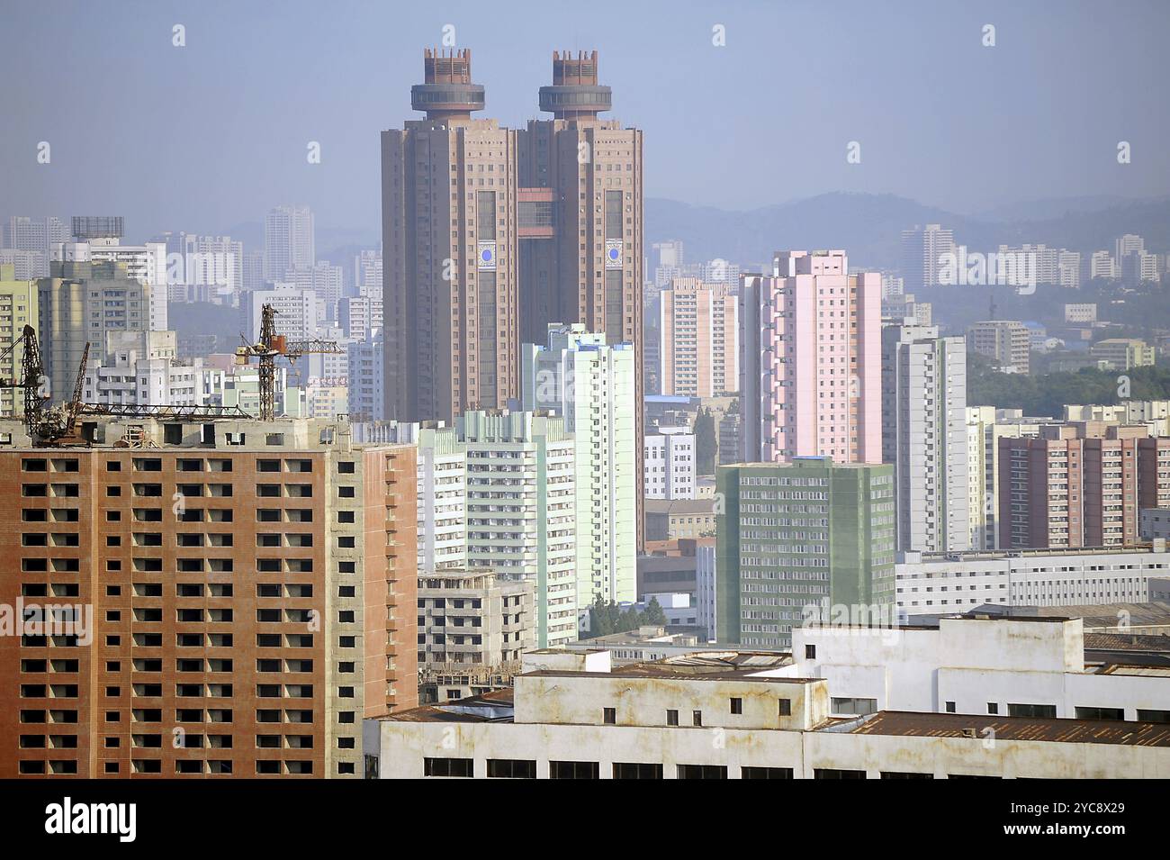 07.08.2012, Pyongyang, North Korea, Asia, A view of high-rise buildings ...