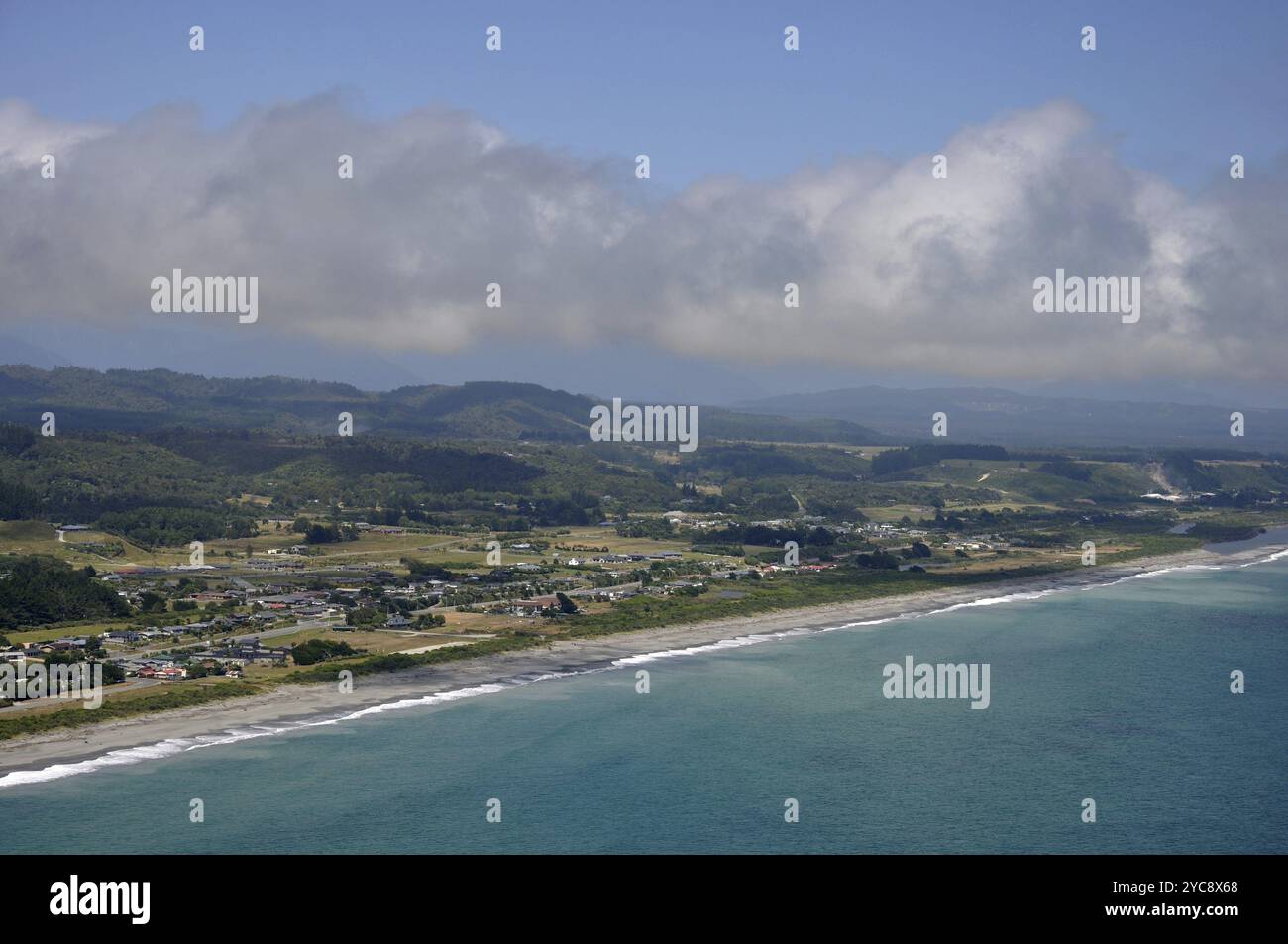Aerial of Greymouth and the mouth of the Grey River, West Coast, South ...