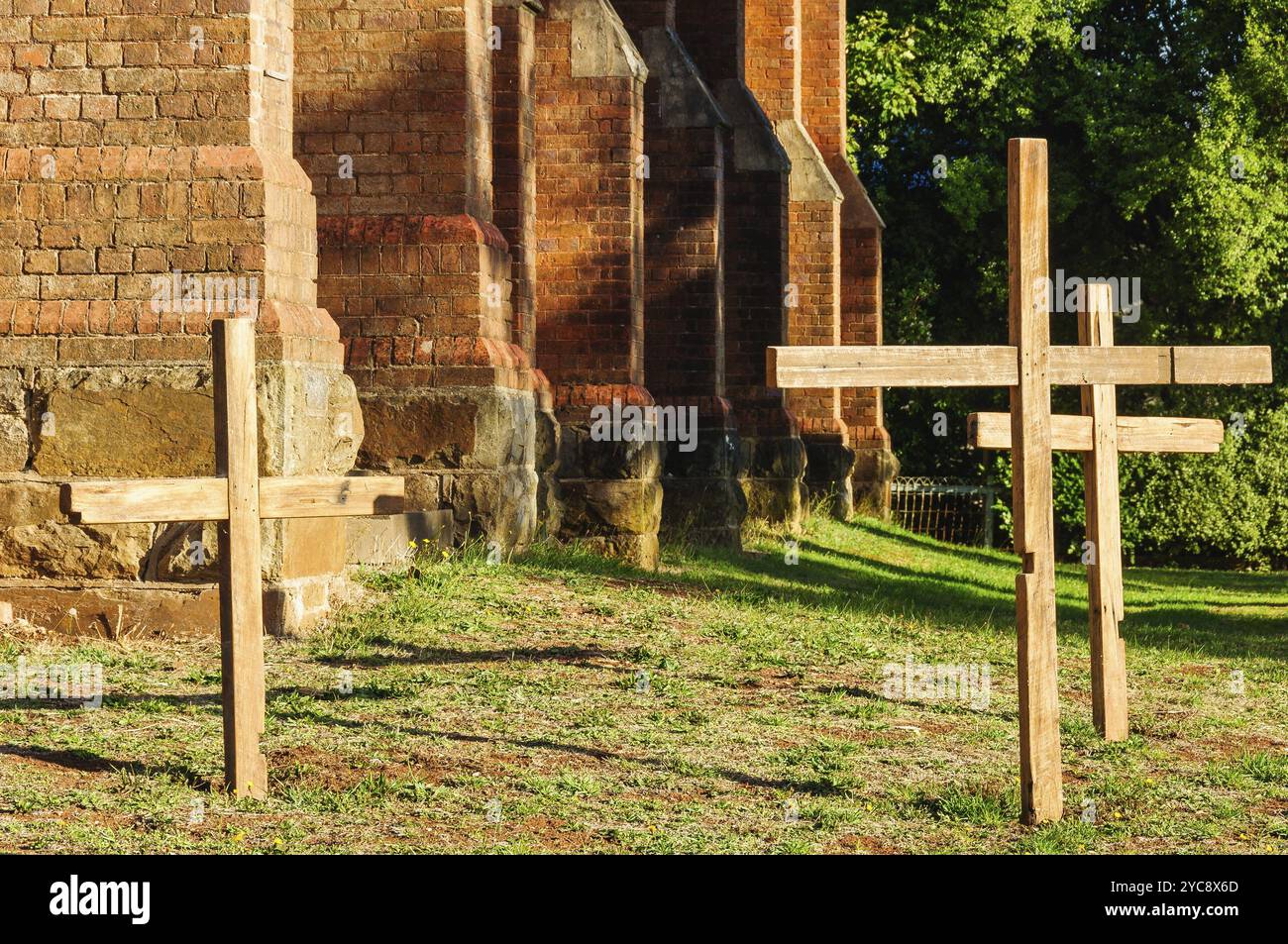Three wooden crosses in front of the Uniting Church, Daylesford ...