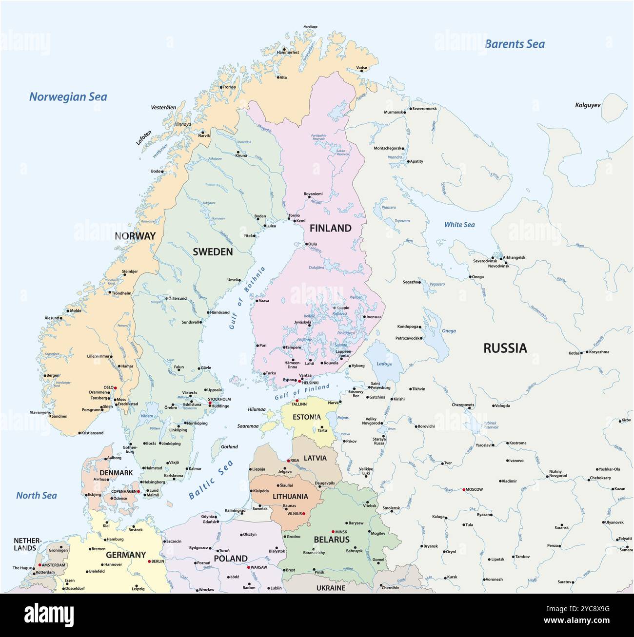 Vector map of Northern Europe with the most important cities and bodies ...