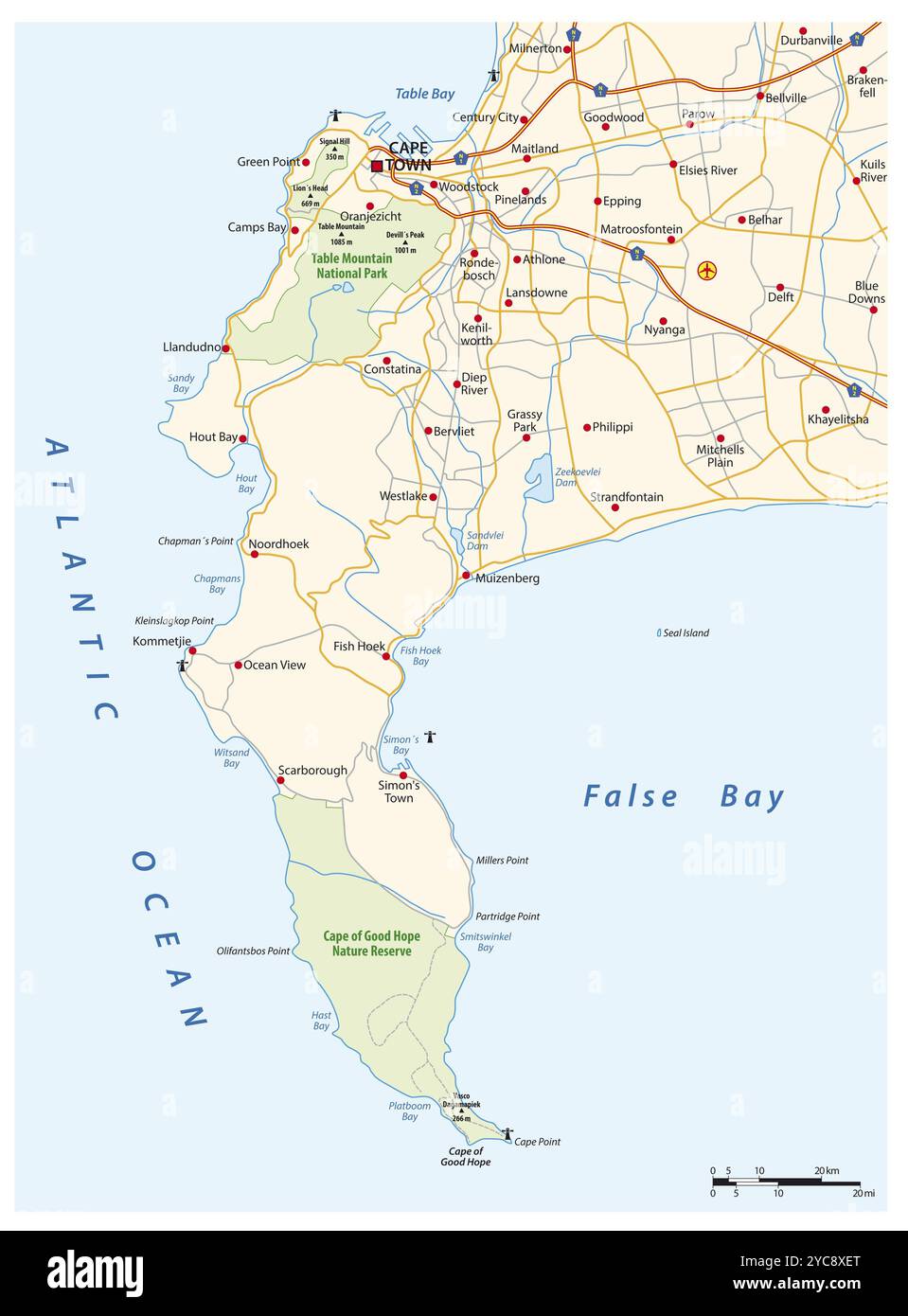Vector road map of Cape Peninsula, Cape Town, South Africa, Africa ...