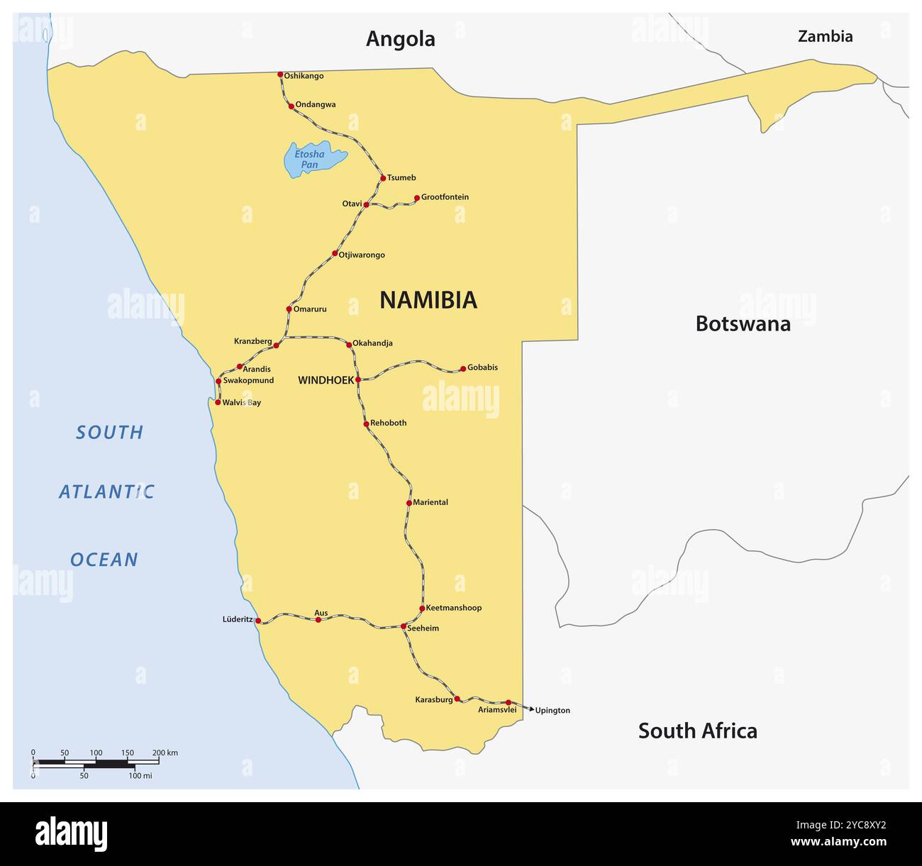 Route network map and train stations in Namibia Stock Photo - Alamy