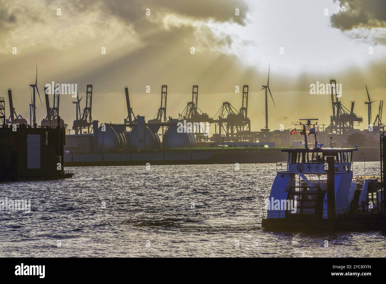 Amazing landscape, An engineering ship (tugboat) and docks in Hamburg ...