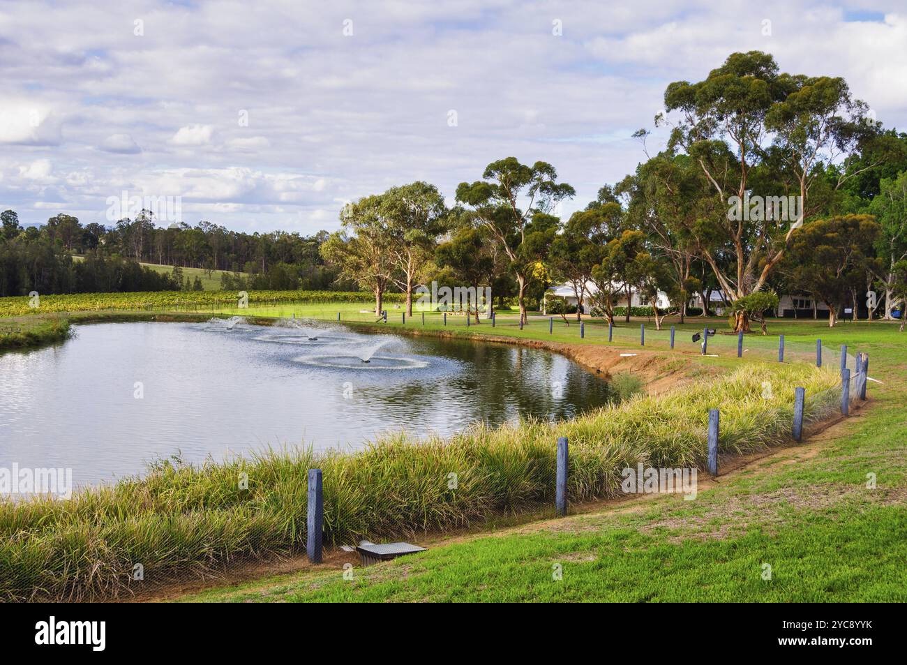 Pond with water features in the park of Wynwood Estate, Pokolbin, NSW ...