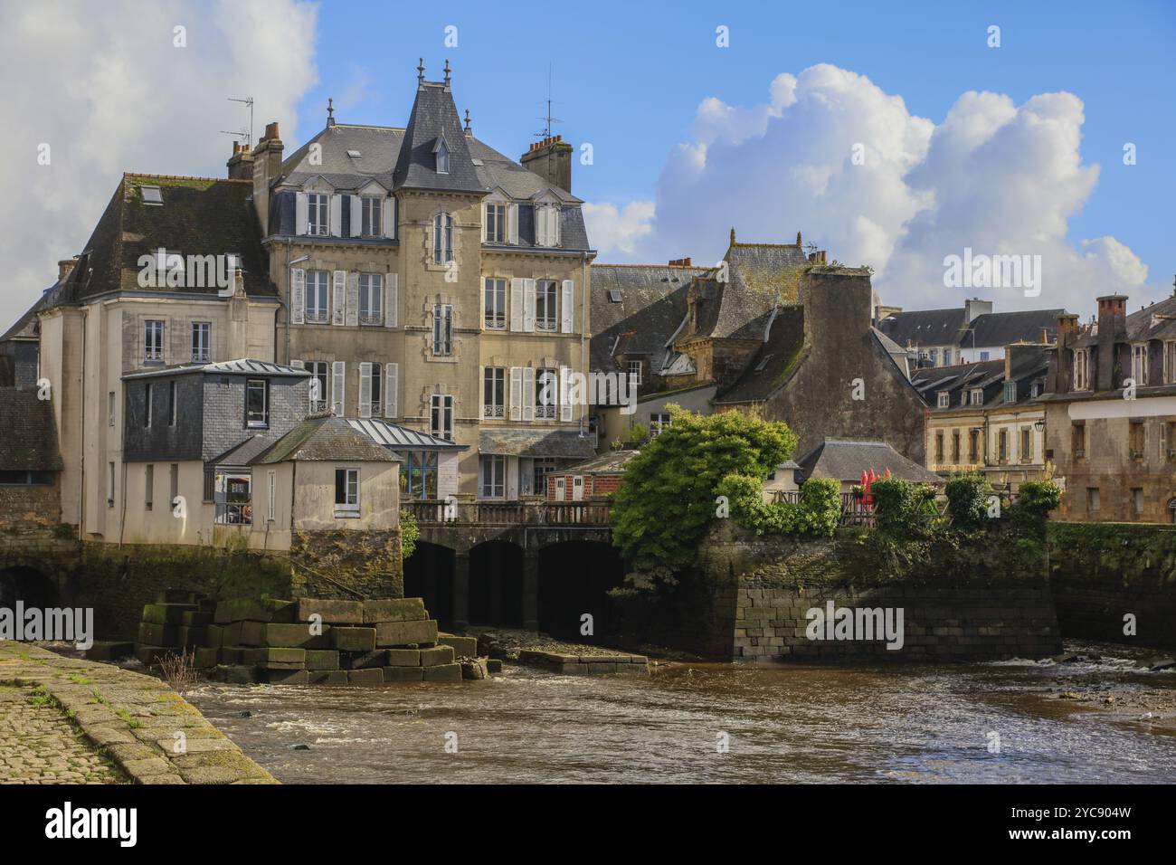 Historic inhabited bridge Pont habite over the river Elorn, which marks ...