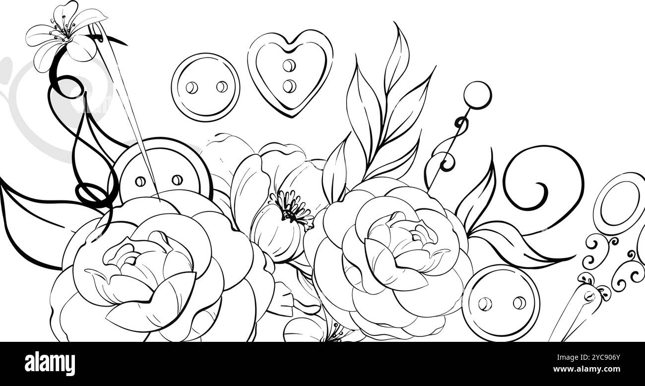 Vintage sewing tools template with flowers, background. Scissors ...