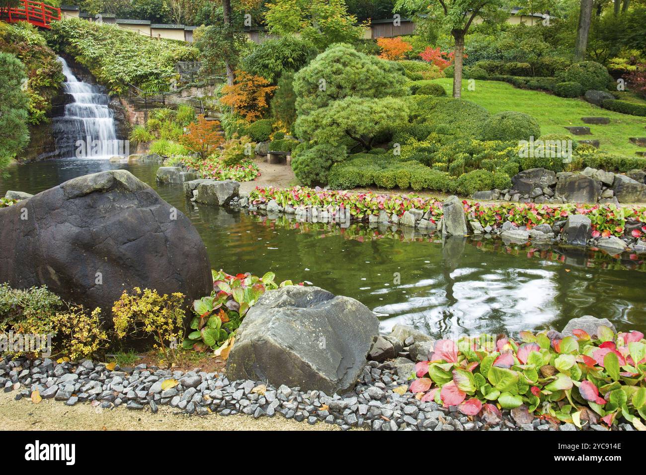 Pond in Japanese garden and waterfall Stock Photo - Alamy