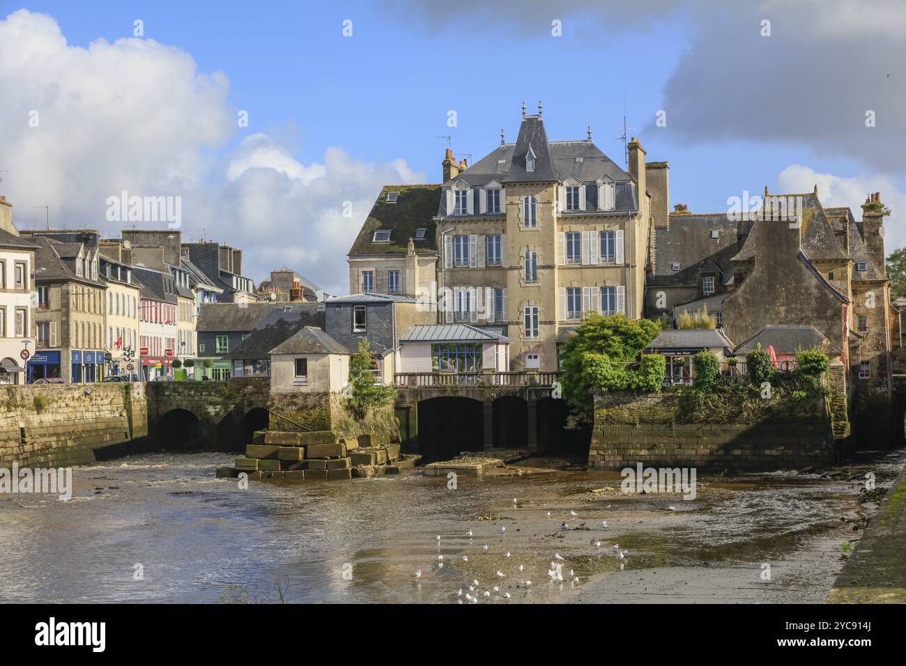 Historic inhabited bridge Pont habite over the river Elorn, which marks ...