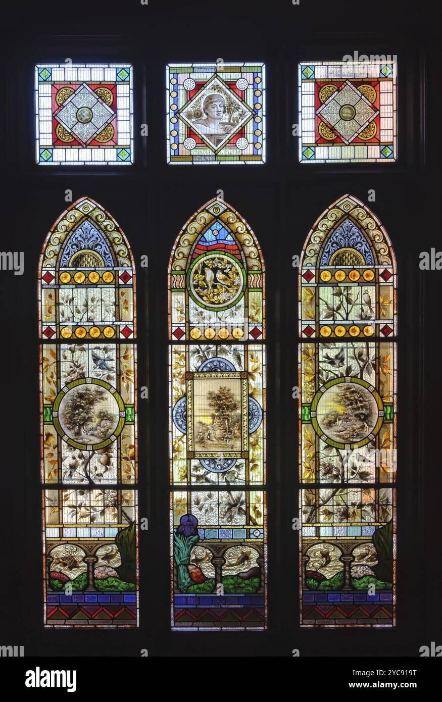 Victorian stained glass windows in the Rio Vista historic house which ...